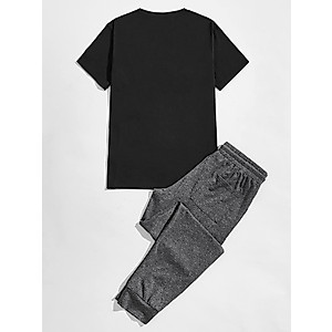 OYOANGLE Men's 2 Piece Outfits Short Sleeve T Shirt and Sweatpants Lounge Set Sleepwear Tracksuit Black Grey M