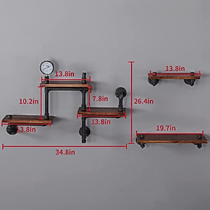 SSS Furniture Industrial Floating Pipe Wall Shelves Rustic Wood Shelving, 5 Layer Pipe Design Bookshelf DIY Shelving for Living Room Bathroom Farmhouse Bar Industrial Decor