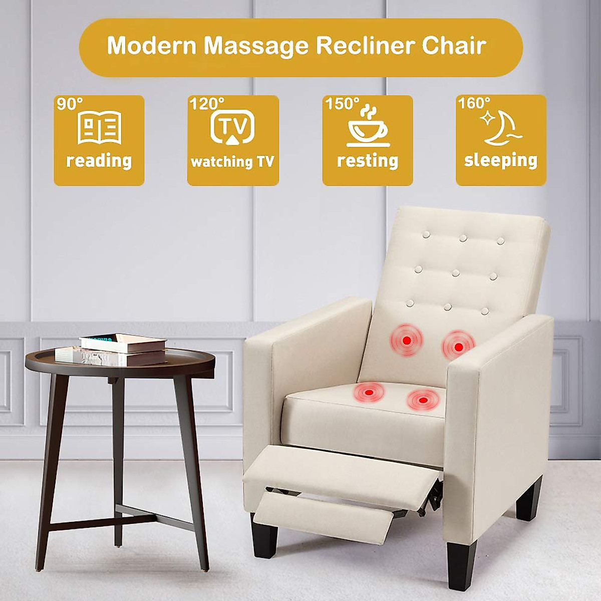 ECOTOUGE Massage Mid-Century Modern Fabric Recliner, 2 Set of Push Back Recliner Chair w/Side Pocket and Button Tufted Single Sofa Chair for Adults Livingroom Bedroom Home and Office, Beige