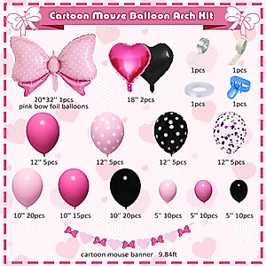 Ouddy Party Pink Mouse Balloon Garland Arch Kit for Cartoon Mouse Theme Birthday Party Decorations Girl Kids, Pink Black Rose Red Bow Foil Balloons Banners for Mouse Baby Shower Party Supplies