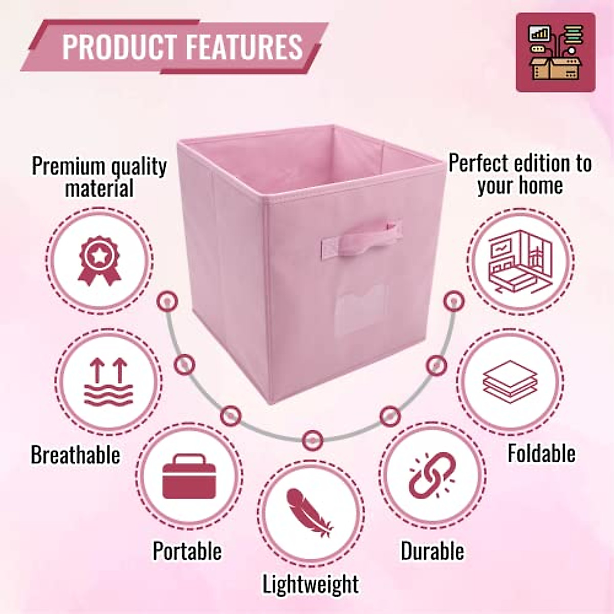 Pink Fabric Storage Cubes | Pack of 4 Organization Baskets with Handles for Home and Office | Foldable Storage Basket Set for Girls, 10.6 x 11.2-Inch