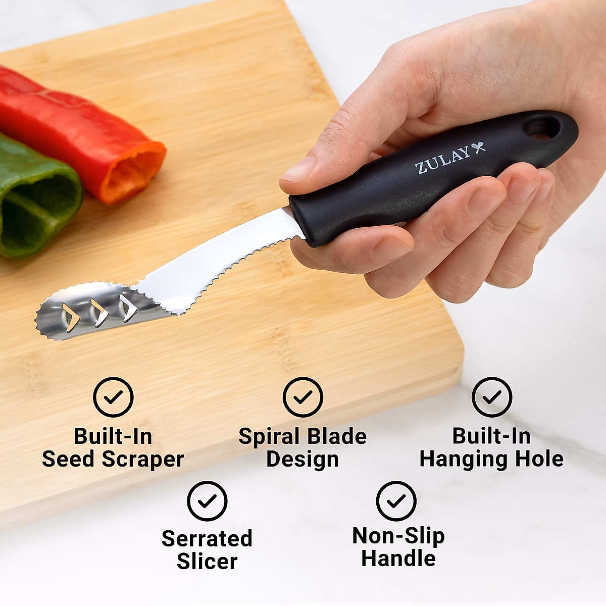 Zulay Kitchen Jalapeno Corer Tool - 430 Stainless Steel Pepper Corer Seed Remover Tool - 2-In-1 Serrated Edge and Seed Remover - Easy Coring and Cleaning for Efficient Cooking and Grilling