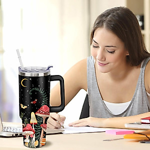 thmasamwr Mushroom Tumbler with Lid and Straw, Stainless Steel Mushroom 40oz Tumbler with Handle, Black Mushroom Travel Coffee Mug Mushroom Gifts Cups for Women and Men