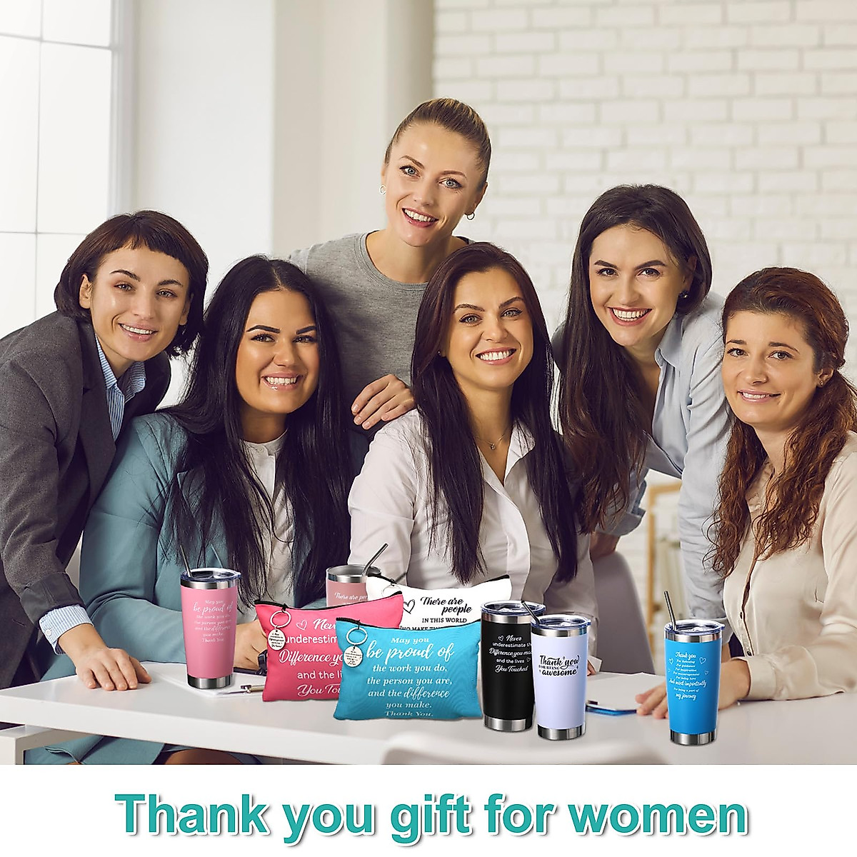 Suttmin 18 Pcs Employee Appreciation Stainless Steel Tumbler 20 oz with Makeup Cosmetic Bags Keychains Thank You Gifts Sets Bulk for Teachers Inspirational Gifts for Coworkers(Colorful, Simple)