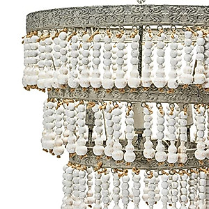 Creative Co-Op Metal & Wood Beaded Chandelier, 20.5" Round by 20" Height, Off- White