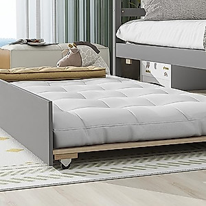 Twin Platform Bed with Trundle, Wooden House-Shaped Headboard Bed with Guardrails, Daybed Frame with Sturdy Slat Support for Kids Boys Girls Bedroom (Grey 06)
