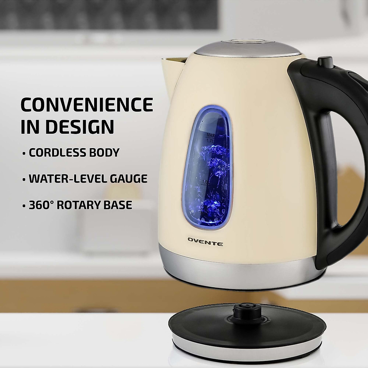 OVENTE Electric Kettle Stainless Steel Instant Hot Water Boiler BPA Free 1.7 Liter 1100 Watts Fast Boiling with Cordless Body and Automatic Shut Off Safe and Perfect for Tea Coffee Milk, Beige KS96BG