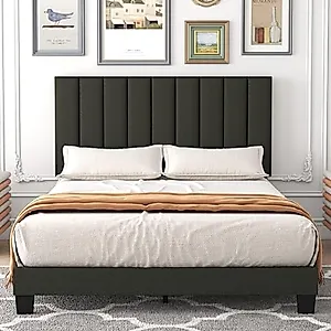 wOod-it Queen Platform Bed Frame with Headboard, Upholstered Bed Frame with Wingback, No Box Spring Needed, Easy Assembly Solid Wooden Slats, Noise-Free, Dark Gray