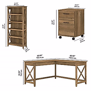 Bush Furniture Key West L Shaped Desk with 2 Drawer Mobile File Cabinet and 5 Shelf Bookcase, 60W, Reclaimed Pine