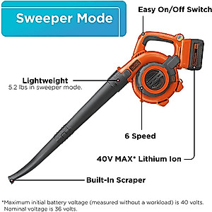 BLACK+DECKER 40V Cordless Leaf Blower Kit, 120 mph Air Speed, 6-Speed Dial, Built-In Scraper, With Collection Bag, Battery and Charger Included (LSWV36)