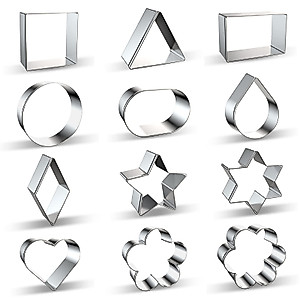 Geometric Classic Shapes Cookie Cutter Set of 12 - Heart, Flower, Star, Circle, Square, Triangle, Rectangle, Oval, Teardrop, Diamond, Star of David Shaped Cookie Cutters Biscuit Mold - Stainless Steel