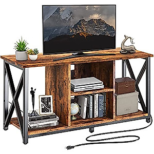 FABATO Wood 55 Inch TV Stand and Entertainment Center with 4 Socket Plug-in Station, 3-Height Adjustable Shelf, and Wire Threading Holes