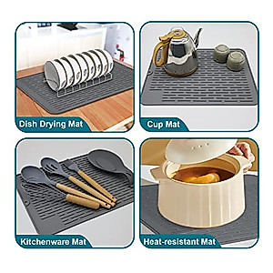 MENTBERY Dish Drying Mat, Silicone Dish Drying Mat for Kitchen Counter, Heat Resistant Non-slip Dish Mat Drying Kitchen Mat 16x12 Inch, Gray