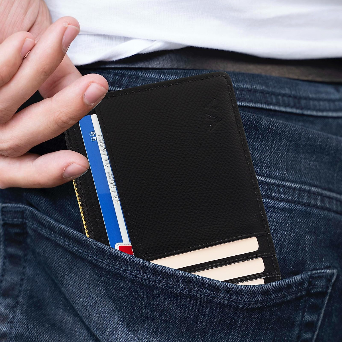 Small Card Wallet for Women Slim Rfid Front Pocket Card Cases Holder Zipper Coin Purse (A-Lichee Leather-Yellow)