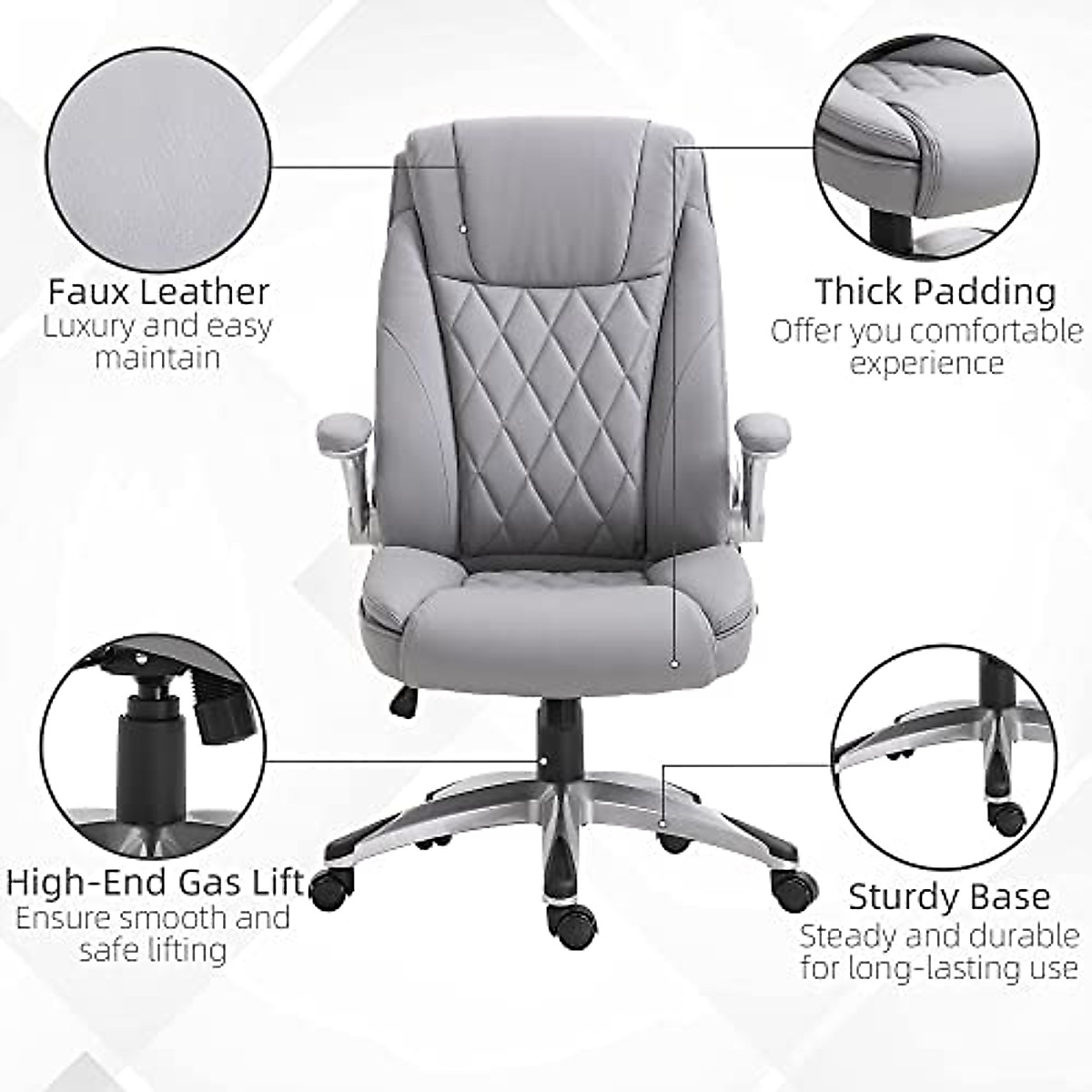 Vinsetto High Back 360° Swivel Ergonomic Home Office Chair with Flip Up Arms, Faux Leather Computer Desk Rocking Chair, Grey