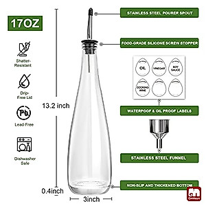 GMISUN Oil and Vinegar Dispenser Set, Olive Oil Dispenser Bottle for Kitchen, Cooking Oil Container Cruet Set, Clear Glass Bottles Vegetable Oil Dispenser with Label, Decorative (2 Pack, 17oz)