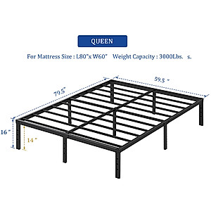 YUSENHEEI Queen Size Bed Frame 16 Inches High Metal Platform Bedframe with Slat Strips Easy Assembly Heavy Duty Strong No Need Box Spring Noise Free Non-slip Large Storage Space Underbed