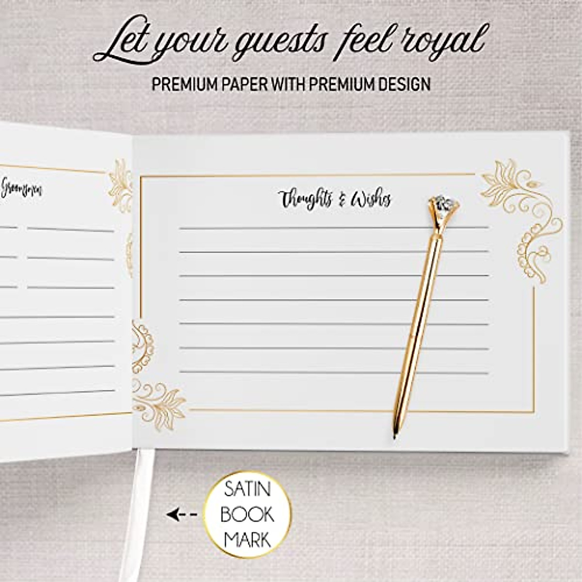 B&F Guest Book for Wedding, Guest Book Wedding Reception with Gold Diamond Crystal Pen with Holder, 9" x 6" White Polaroid Guest Book with 60 Sheets (120 Pages)