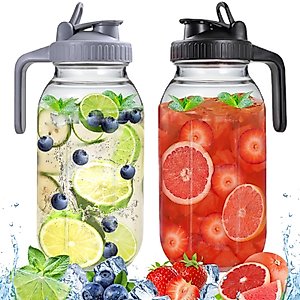 2 Pack 64 oz Pitcher With Lid, Glass Pitcher With Lid, Leak-Proof Airtight Mason Jar Pitcher, Sun Tea Jar, Glass Pitcher, Sun Tea Pitcher for Ice Tea, Cold Brew Coffee, Breast Milk, Juices