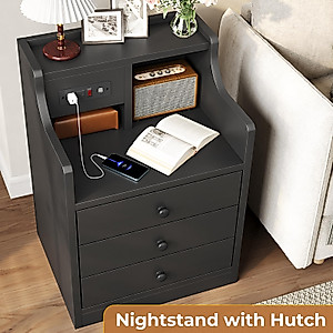 Tiptiper Black Nightstand with Charging Station 3 Drawers, Wood Sofa End Side Table with USB Ports and Outlet, Bedside Table Bedroom Nightstand with Sliding Drawer & Hutch