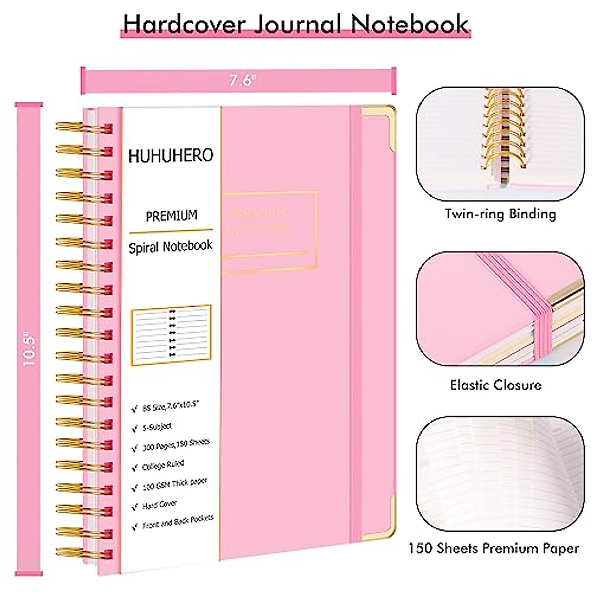 Huhuhero Lined Spiral Notebook, 5 Subject Notebook with Dividers, 7.6" x 10.5", Hardcover Notebooks College Ruled for Work School Office Women Men, College School Supplies (Pink-300 pages)