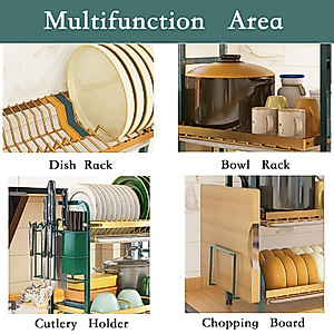 JAZORR Dish Drying Rack, 3 Tier Dish Rack with Drainboard, Cutlery Holder, Cutting-Board Holder，Large Capacity Dish Drainer for Plates Bowls Cups Kitchen Counter(Green & Golden)