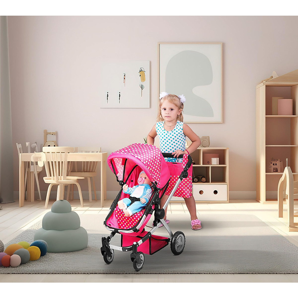 Fash N Kolor | Foldable Pram for Baby Doll with Flower Design with Swiveling Wheel Adjustable Handle Bassinet Stroller with Baby Doll, Convertible Seat, and Basket, and Free Carriage Bag