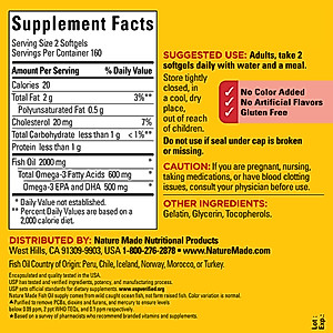 Nature Made Fish Oil 1000 mg Softgels, Fish Oil Supplements, Omega 3 Fish Oil for Healthy Heart Support, Omega 3 Supplement with 320 Softgels, 160 Day Supply
