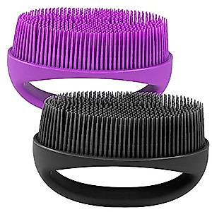 HEETA Hand-Held Body Shower Brush 2-Pack Soft Silicone Body Scrubber for Brushing Gentle Exfoliating Bath Cleansing Bath Brush for Men Women Kids All Kind of Skin (Black & Purple)