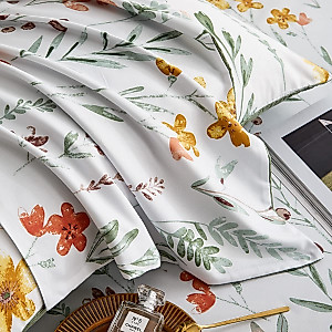 Nayoroom White Floral Duvet Cover Queen Size Green Botanical Leaf Yellow Flowers Printed Reversible Striped Bedding Set 3 Pieces Soft Microfiber Garden Style Comforter Cover with Zipper Ties