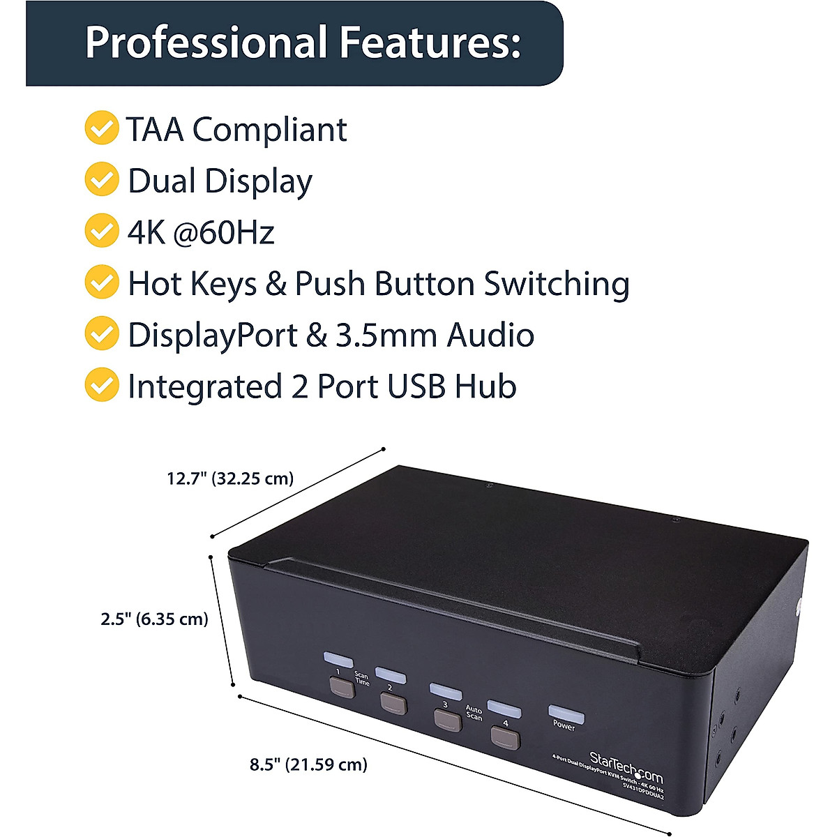 StarTech.com DisplayPort KVM - 4 Port - 4K 60Hz - Dual Monitor KVM - DisplayPort Switch - KVM DisplayPort - Desktop KVM Switch, TAA (SV431DPDDUA2)