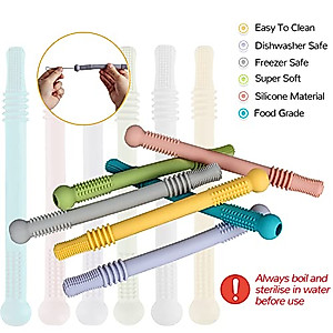 Yinghezu Hollow Teether Tubes, 6 Pack Chew Straw Toy for Infant Toddlers Silicone Teething Toys for Babies, 0-6 Months 6-12 Months BPA Free/Freezable/Dishwasher and Refrigerator Safe