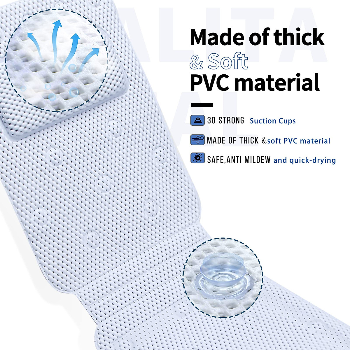 Bath Pillow Full Body, SurSoul Quick-Drying Spa Pillow for Tub, Bathtub Pillow with Soft PVC, Bath Bed with Suction Cups