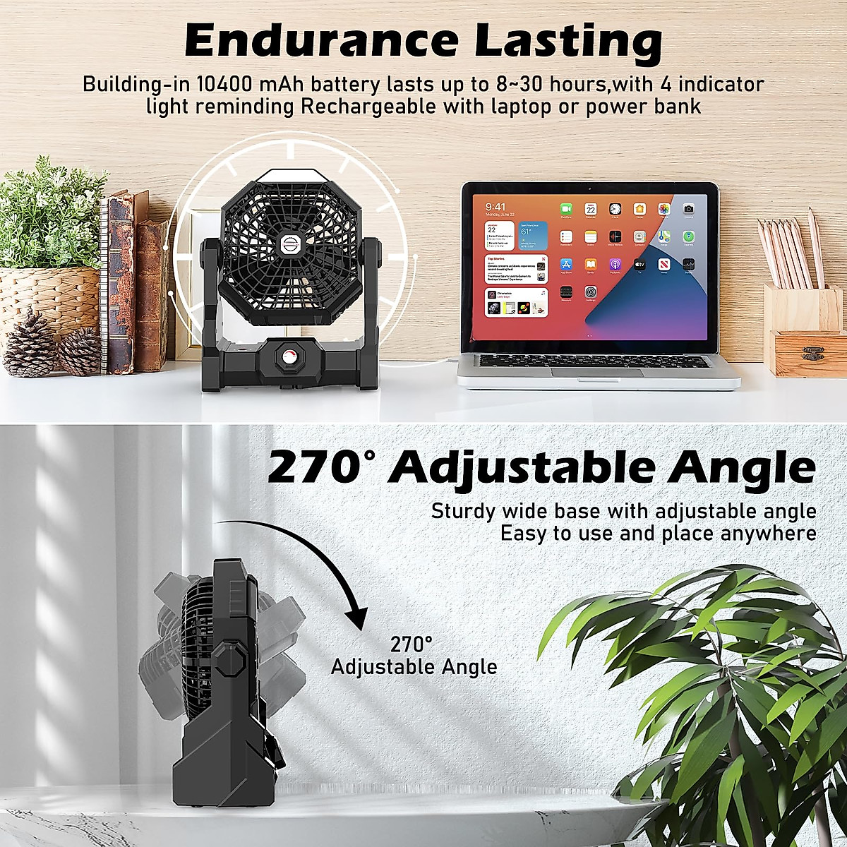 Camping Fan Rechargeable, 10400mAh Portable Battery Operated Camping Fan for Tents, Hangable USB Silent Camping Fans with LED Lantern, Suitable for Fishing, Camping, Bedroom, Workplace (Orange)