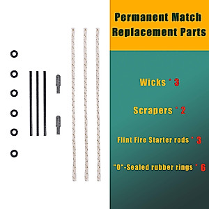 YUSUD Permanent Match Accessories, Never Ending Matchstick Parts, Forever Matches Strike Anywhere Replaceable Kit Included Scrapers, Flint Fire Starter Rods, Wicks and Sealed Waterproof Rubber Rings