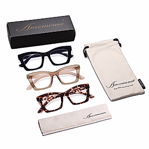 AMOMOMA 3 Pack Trendy Oversized Blue Light Stylish Readers for Women,Retro Square Cute Sturdy Computer Womens Reading Glasses AM6042 Black+Brown+Purple Tortoise 1.5