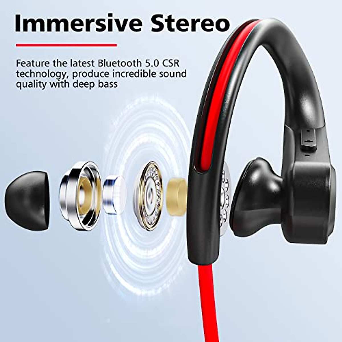 Bluetooth Earbuds Running Headphones, Wireless Workout Headphones Earbuds IPX7 Waterproof with Earhooks, Sport Stereo Sweatproof in-Ear Earphones, 16 Hour Playtime - BlackRed