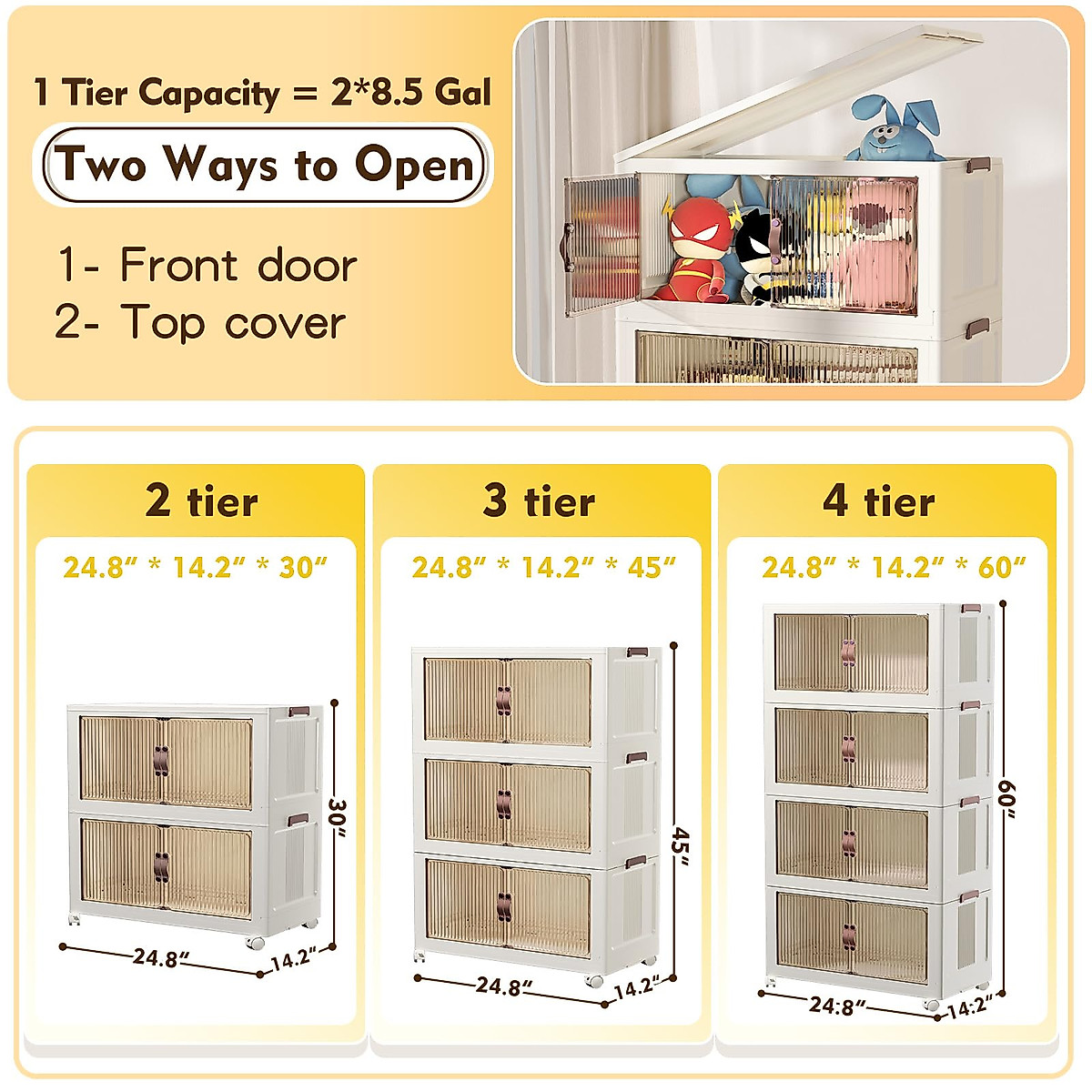 Kmiectse 102 QT Large Storage Bins with Lid, Plastic Storage Organizer for Living Room Bedroom, Foldable Stackable Toy Storage, Storage Containers for House Organizing, 4 Tier 1 Lid