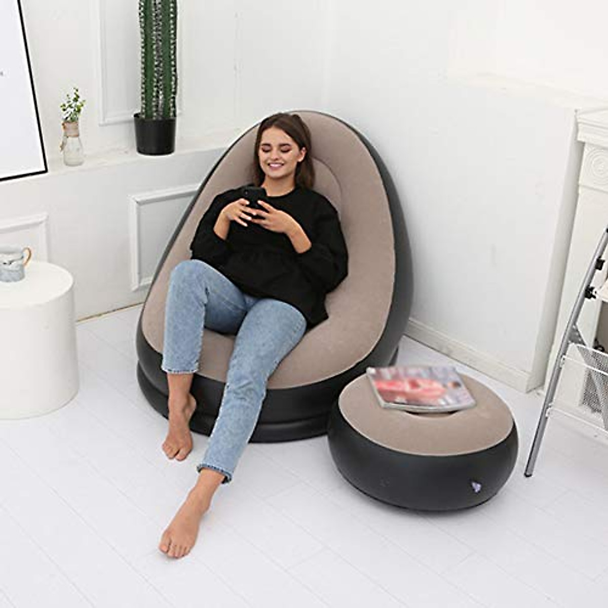 Inflatable Lounge Chair for Adults, Folding Portable Lazy Sofa with Foot Stool Lazy Flocking Recliner Chair Air Couch Sofa for Indoor Livingroom Gaming Bedroom Office Balcony, Outdoor Travel Camping