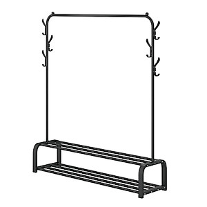 UDEAR Garment Rack Free-standing Clothes Rack with Top Rod,Lower Storage and 6 Hooks,Black