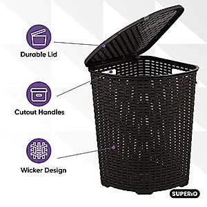 Plastic Corner Laundry Hamper with Lid, Curved Designed Laundry Basket, Triangle Brown Cloths Hamper Organizer with Cut-out Handles for Laundry Room Bedroom Bathroom, Wicker Design, 50 Liter