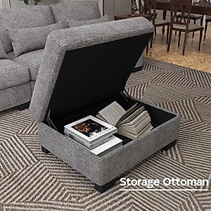 Lonkwa Modern Grey 130'' L-Shape Linen Sofa, 4 Seat Sectional Couch with 4 Pillow, Storage Ottomans, Convertible Sofa Bed for Living Room