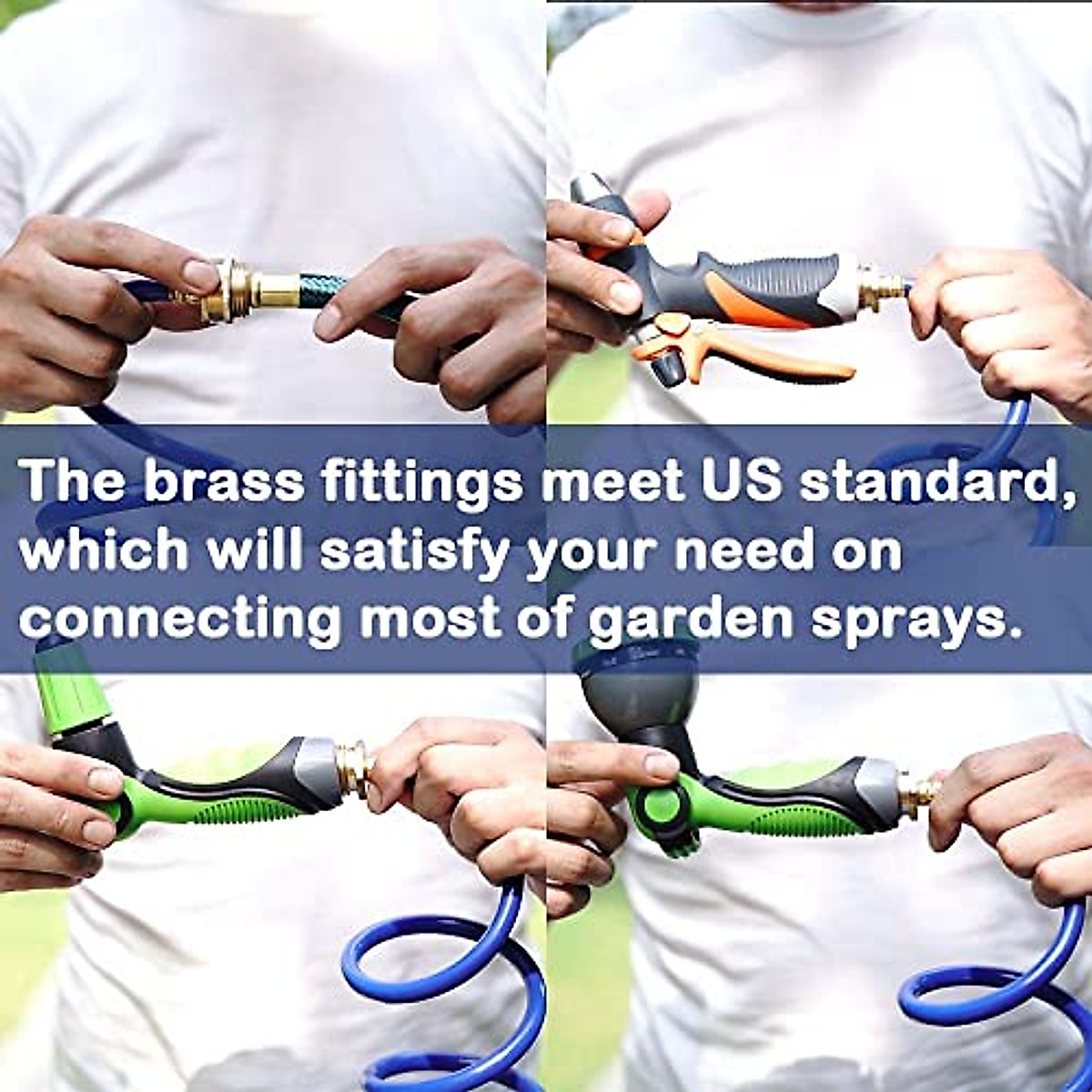 FangFarm Heavy-Duty EVA Coil Garden Hose with GHT Solid Brass Fittings, Water Hose with Brass Connectors, for Garden Lawn Watering, Car Washing (10FT, Blue)