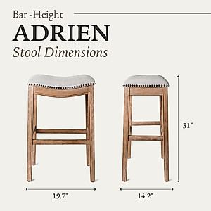 Maven Lane Adrien 31 Inch Bar Height Upholstered Backless Saddle Barstool in Weathered Oak Finish with Sand Color Fabric Cushion Seat, Set of 4