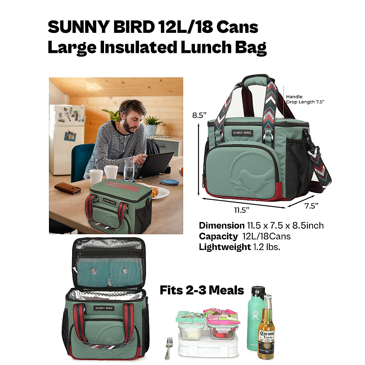 SUNNY BIRD 12L Large Insulated Lunch Bag, Foldable Lunch Cooler Box for Women Adult and Men, Fits 18 Cans (Green with boho strap)