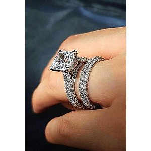 Bicheng 2-piece Zircon Super Bright Ring 925 Sterling Silver Crystal CZ Wedding Ring Engagement Ring Bridal Set Jewelry Gift (9)