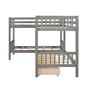 YUNLife&Home L-Shaped Bunk Beds for 4,Solid Wood Bunk Bed Frame with 3 Storage Drawers,Twin Over Twin Size Corner Bunk Bed,Wood Quad Bunk Beds Frame for Kids Teens Girls Boys
