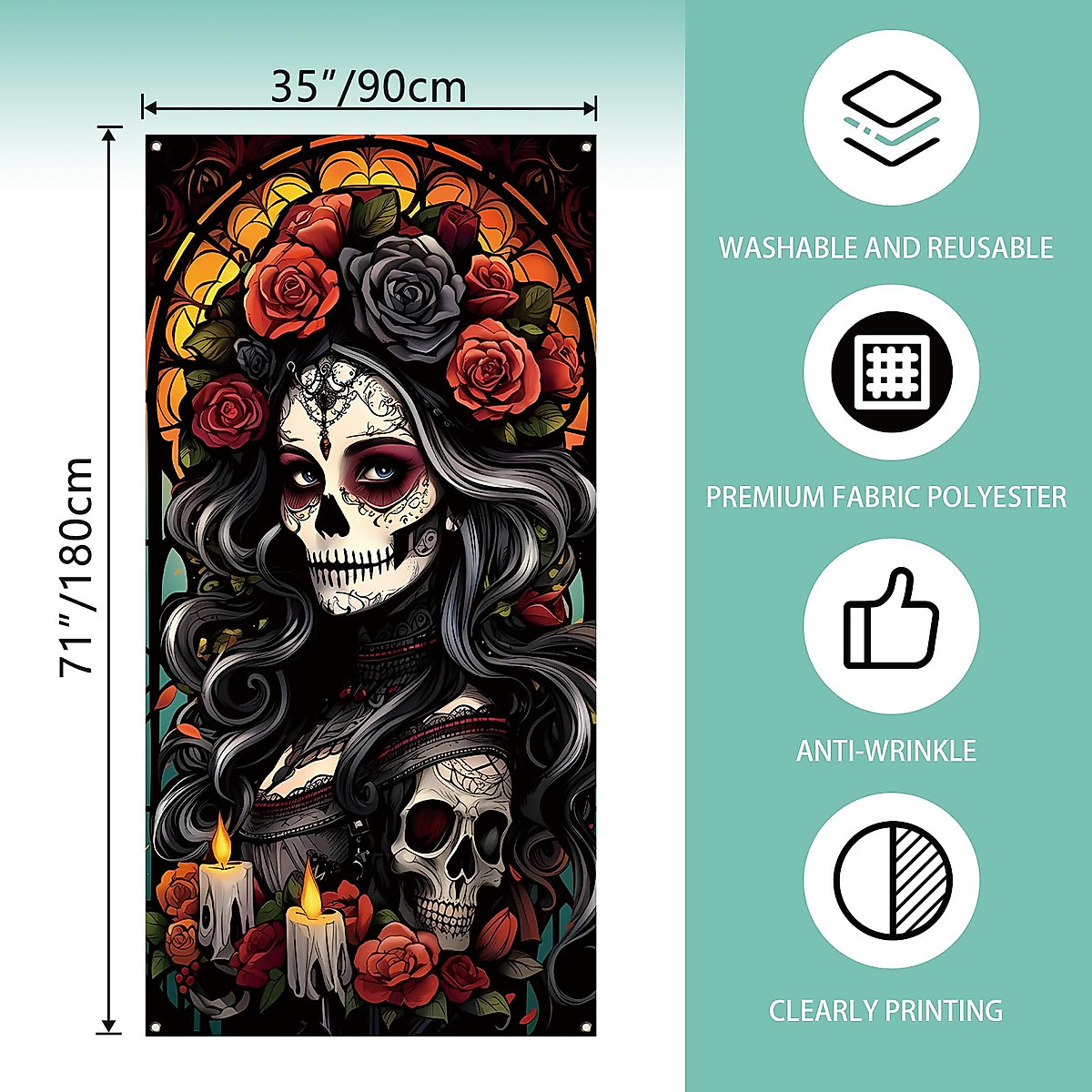 Day of The Dead Door Cover Dia De Los Muertos Backdrop Sugar Skull Rose Altar Mexican Fiesta Party Decorations and Supplies for Home