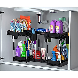 Double Sliding Under Sink Organizers and Storage - 2 Tier Pull Out Under Kitchen Cabinet Organizer w 4 Hanging Cup,8 Hooks,4 Dividers, Under Counter Sink Organization for Bathroom, Adjustable H and W