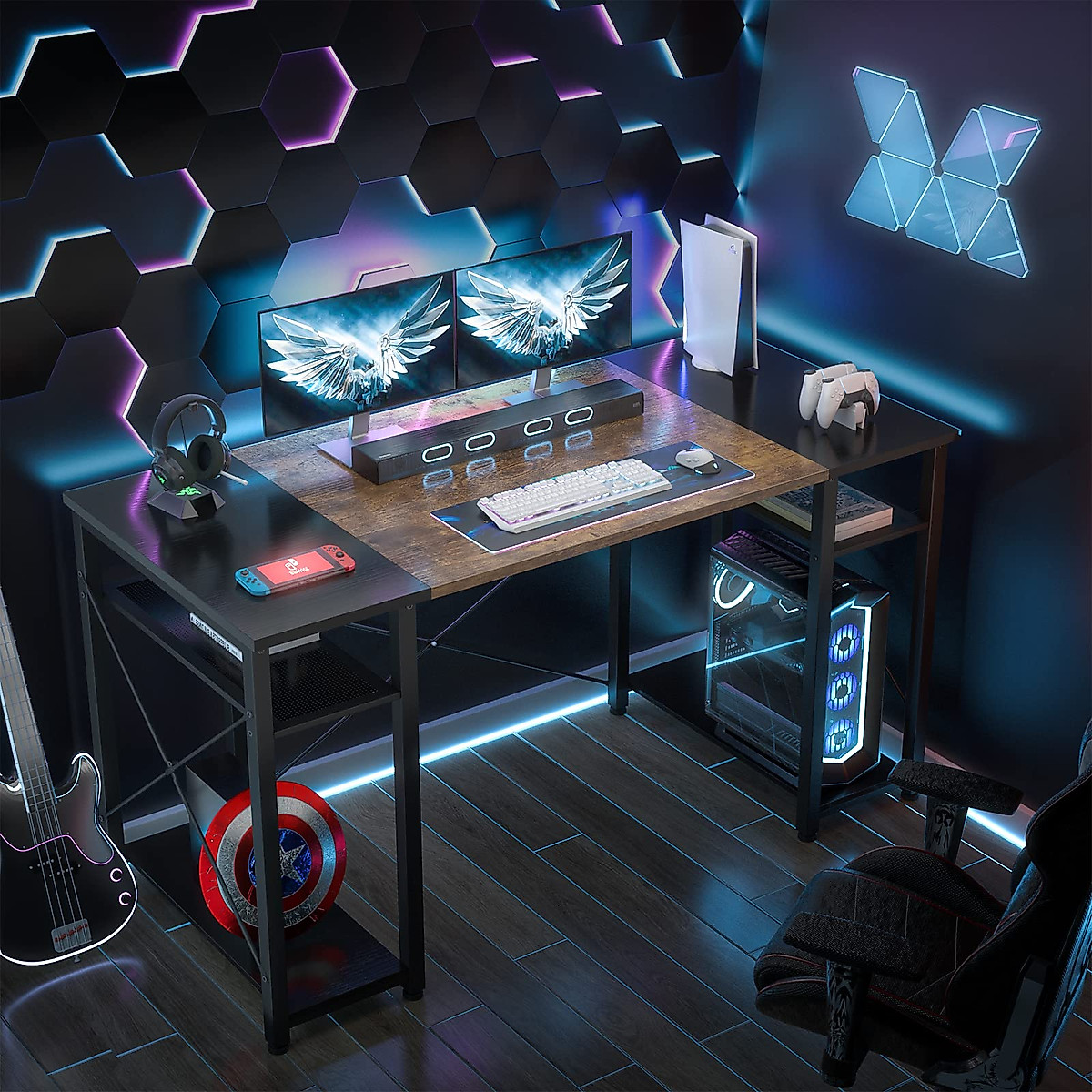 Ecoprsio 55 Inch Computer Desk, Large Office Desk with 4 Storage Shelves, 55'' Study Writing Table with CPU Stand, Sturdy PC Desk for Home Office, Bedroom, Gaming Room, Rustic and Black